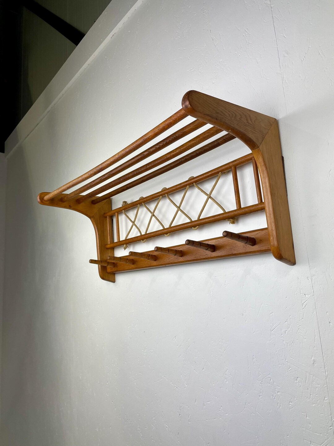 Vintage 1950s Swedish Coat Rack Oak Wood and Rope 50s Scandinavian ...