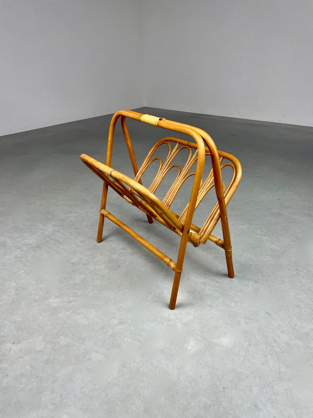 Vintage 1960s Rattan Magazine Holder - 60s Newspaper Rack - Collapsible ...