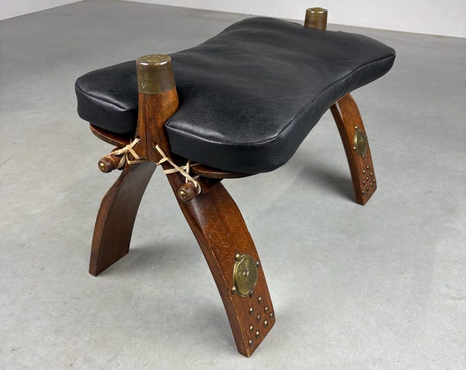 Vintage Camel Saddle Stool Egyptian Pouf Leather And Brass Tribal Decor