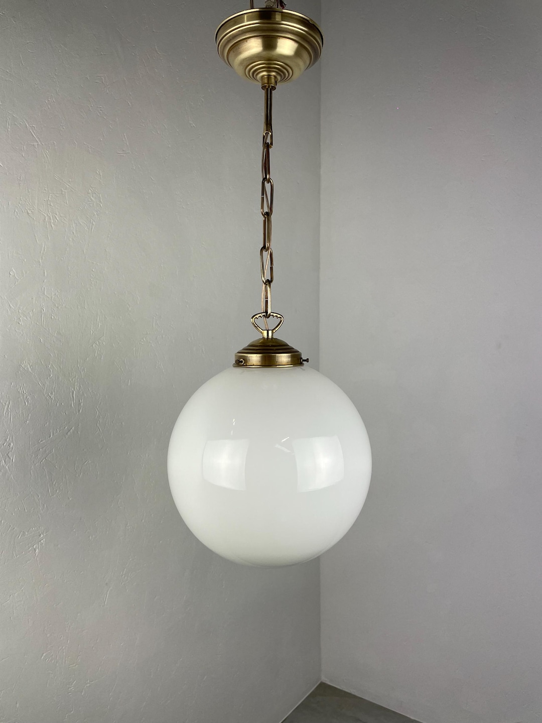 Classic Brass Pendant Lamp With Opal Glass Ball - Opaline Glass Chain ...