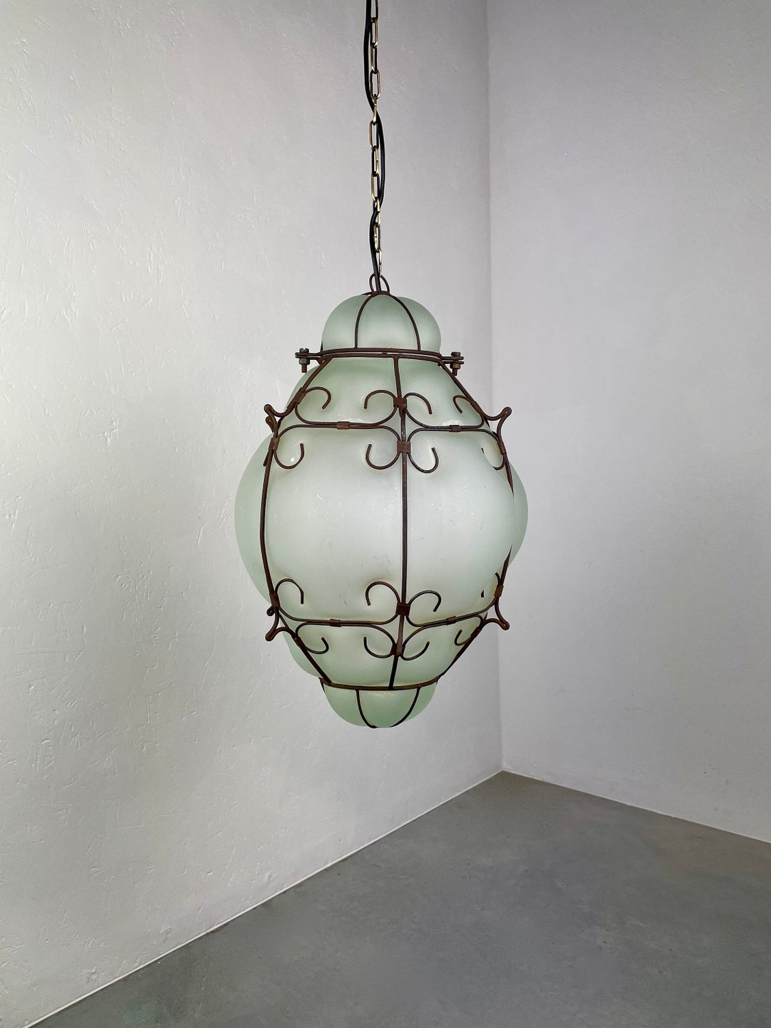 Reserved - XL Venetian Caged Frozen Glass Lamp Chandelier - Vintage ...