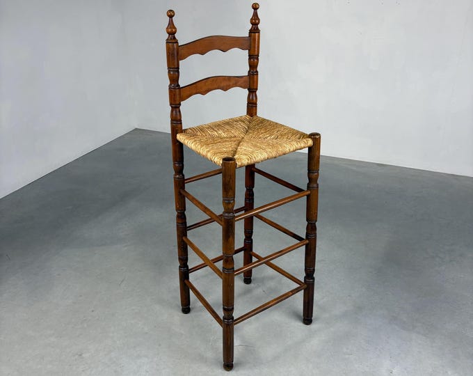 Vintage 70s Wooden Bar Stool With Rush Seat - Classic Stool - Farmhouse ...