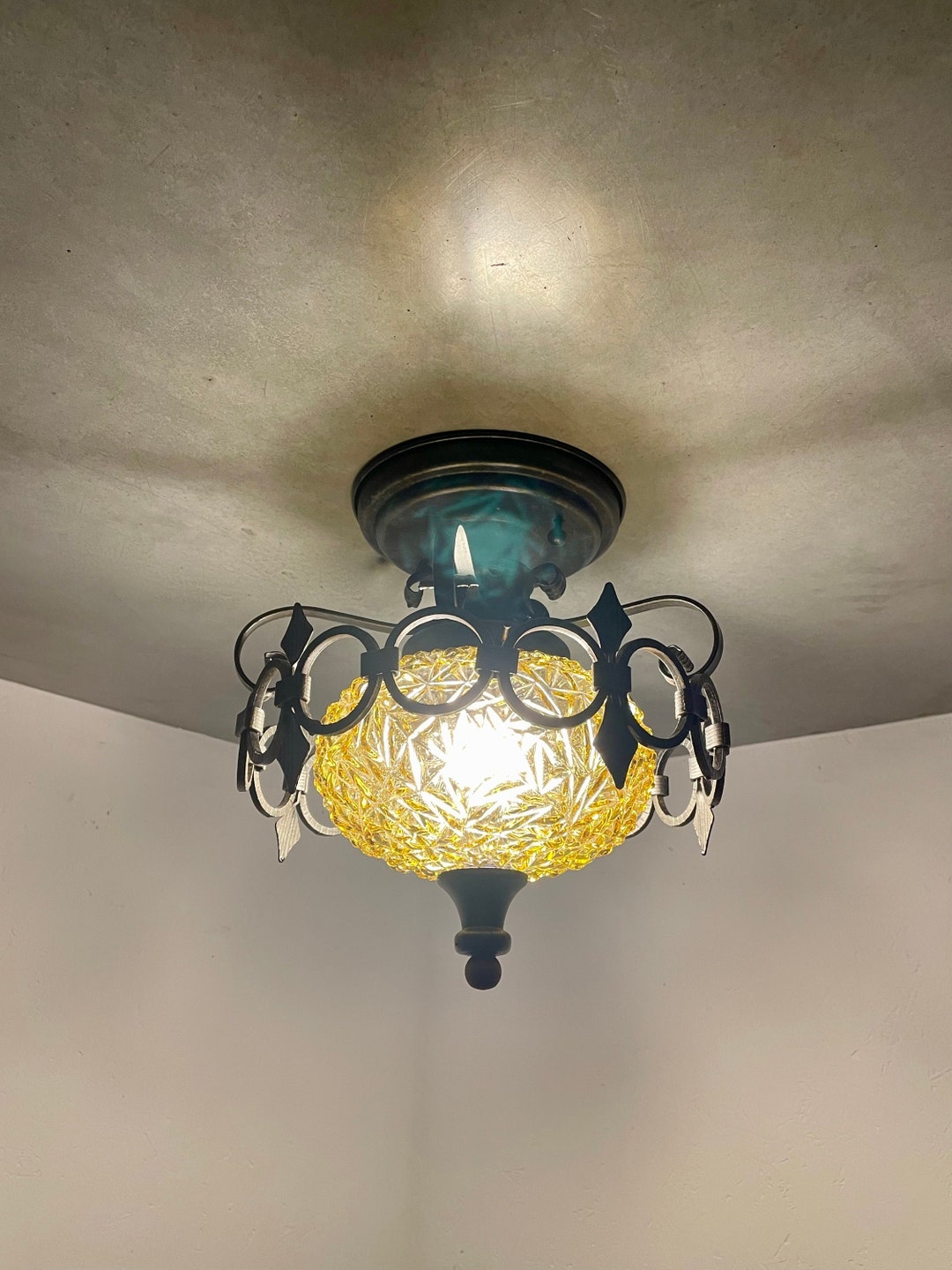 Vintage 70's Wrought Iron Ceiling Light NOS Metal Amber Glass Design ...