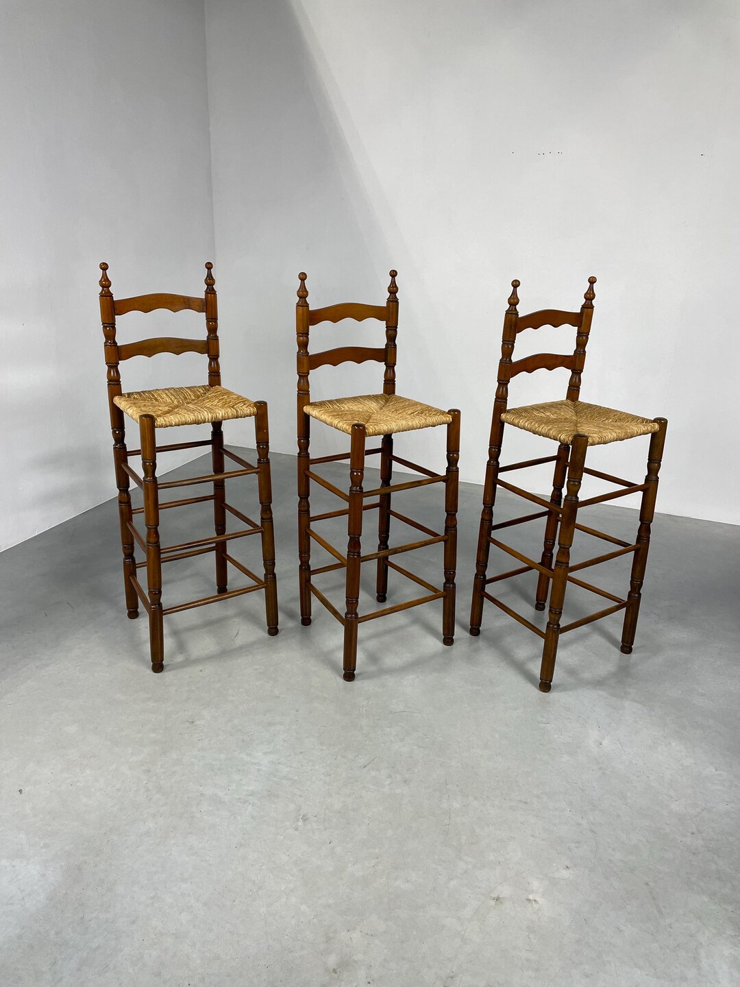 1 of 3 Vintage 70s Wooden Bar Stool With Rush Seat Classic Stool ...