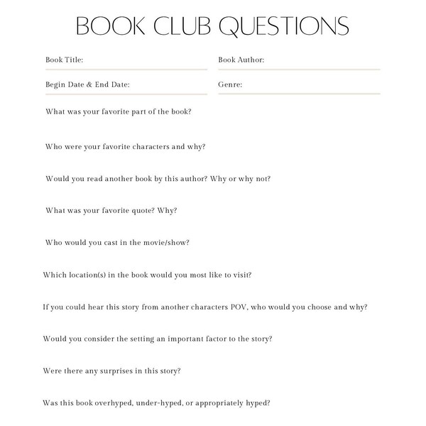 Book Club Game, Icebreakers for Book Club, Readers Questions Printable ...