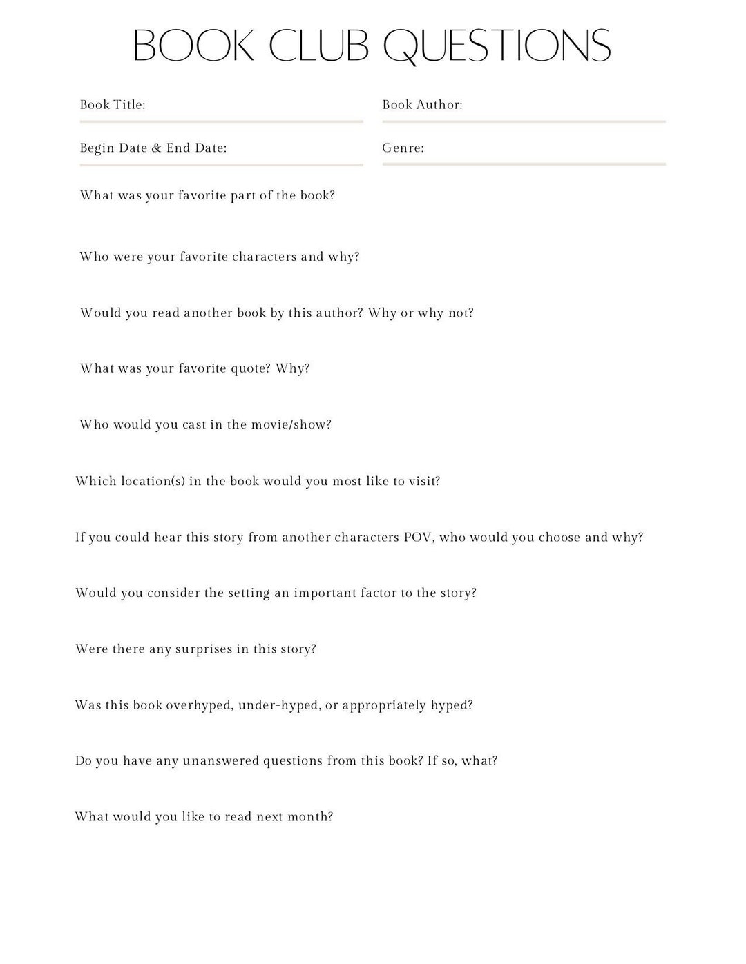 Book Club Meeting Questions: Reading Reflection - Digital Print - Etsy