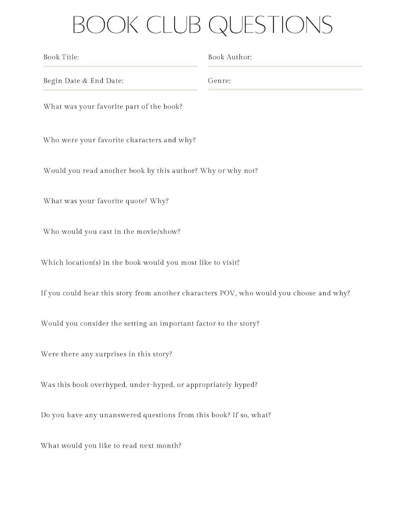 Book Club Meeting Questions: Reading Reflection - Digital Print - Etsy