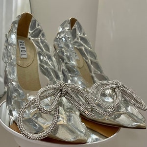Stunning Wedding Cinderella Glass Slippers Silver Crystal Bridal Heels ...