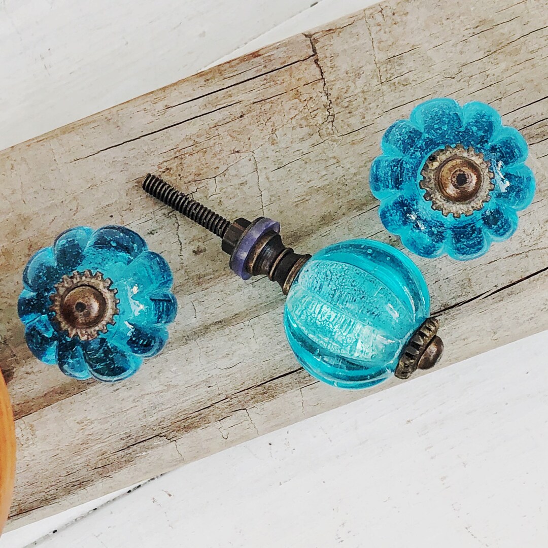Glass Knob, Melon Shaped Knob, Blue Dresser Knob, Turquoise Cabinet ...