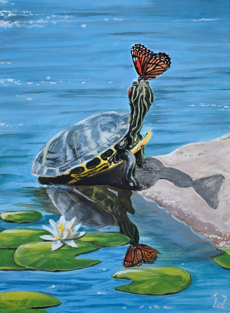 Turtle With Monarch Butterfly and Lily Pads Original Painting, Fine Art ...