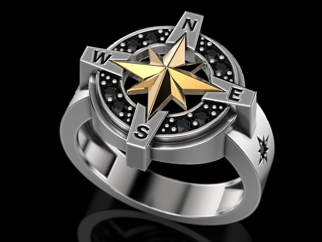 North Star Compass Ring *onyx With 10k/14k/18k White, Yellow, Rose ...