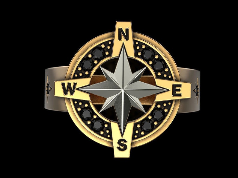 North Star Compass Ring *onyx With 10k/14k/18k White, Yellow, Rose ...
