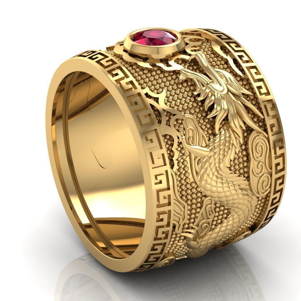 Dracon Dragon Ring *synthetic Ruby With 10k/14k/18k White, Yellow Rose ...
