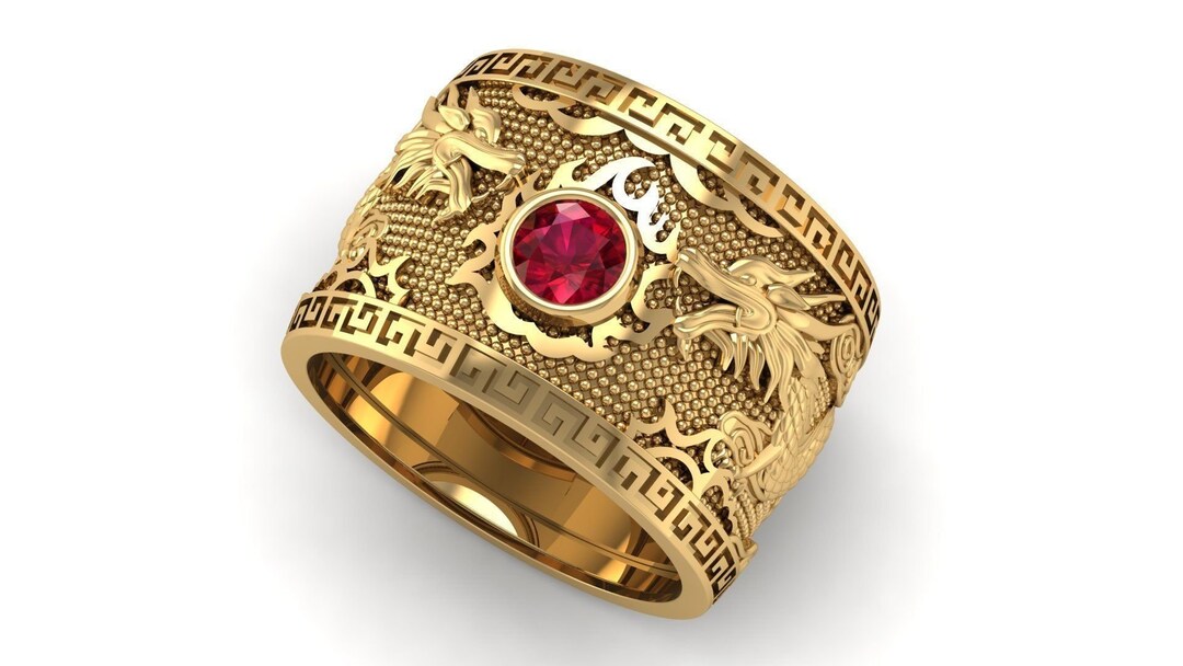 Dracon Dragon Ring *synthetic Ruby With 10k/14k/18k White, Yellow Rose ...