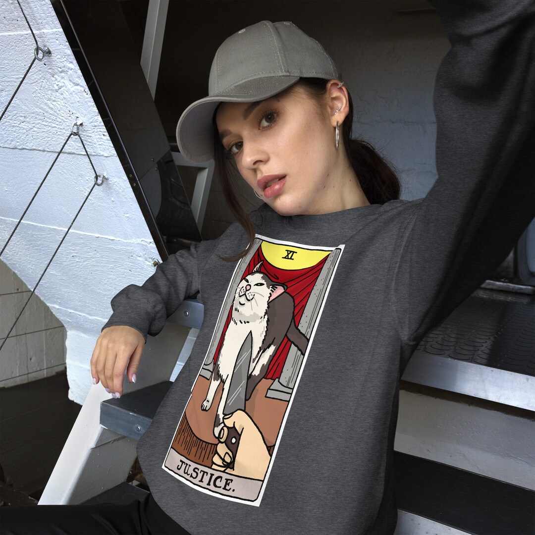 The Original Justice Knife Smug Cat Meme Tarot Sweatshirt, Funny Cat ...