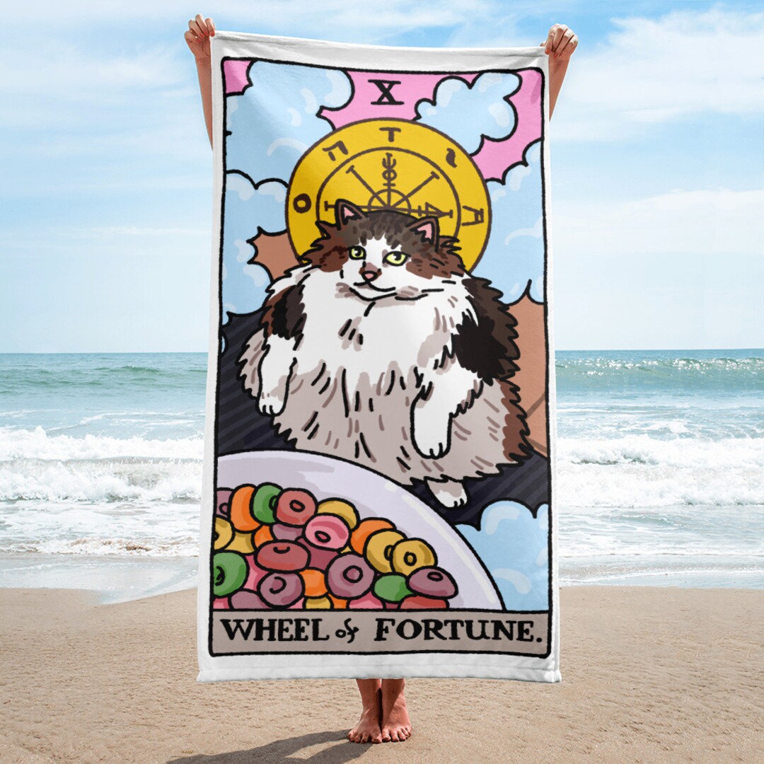 Wheel of Fortune Fruit Loops Cat Meme Tarot Beach Towel, Kawaii Witchy ...