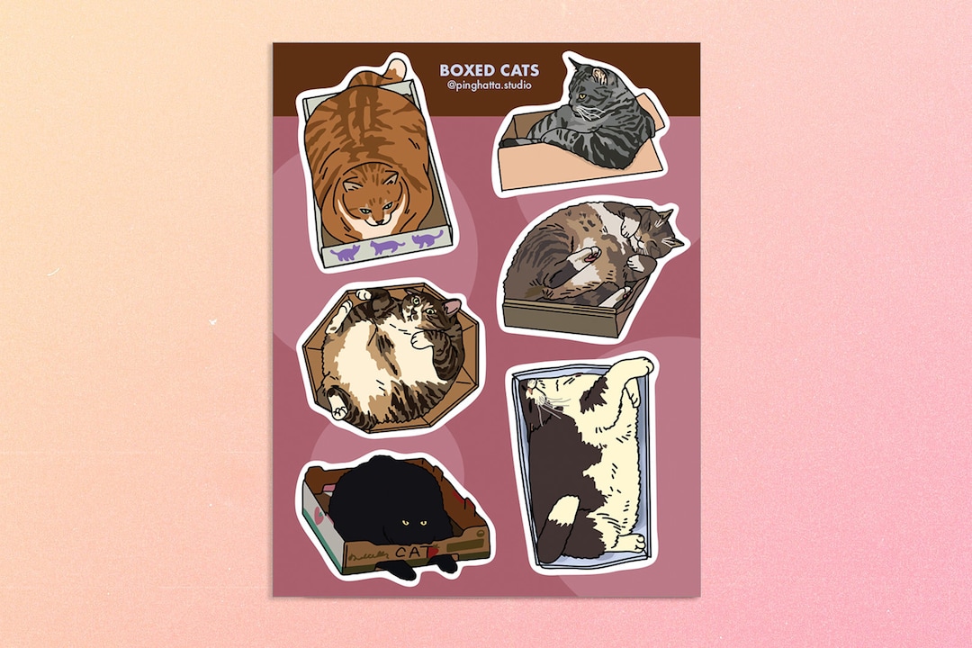 Cats in Boxes Meme Sticker Sheet – Fat Cat Cardboard Boxes, Chonky Cat ...