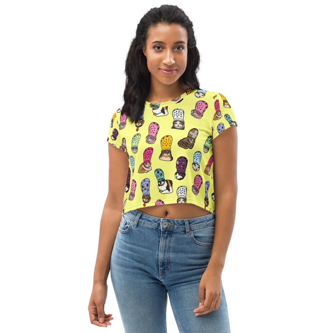 Yellow Croc Cat Pope Cats Allover Print Crop Top, Cursed Cat Meme T ...