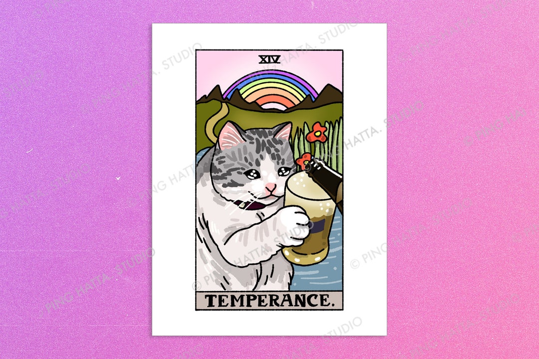 Temperance Sad Beer Cat Meme Tarot Art Print Poster, Tarot Cat Poster ...