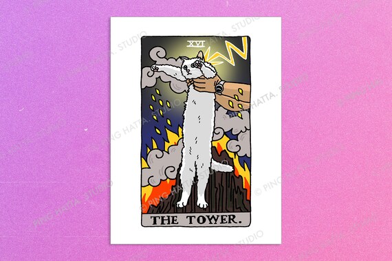The Tower Long Cat Meme Tarot Art Print Poster Sad Cat Meme | Etsy