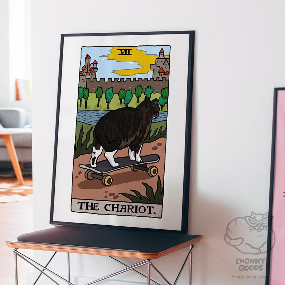 The Chariot Skateboard Bye Adios Cat Meme Tarot Art Poster, Smug Cat ...