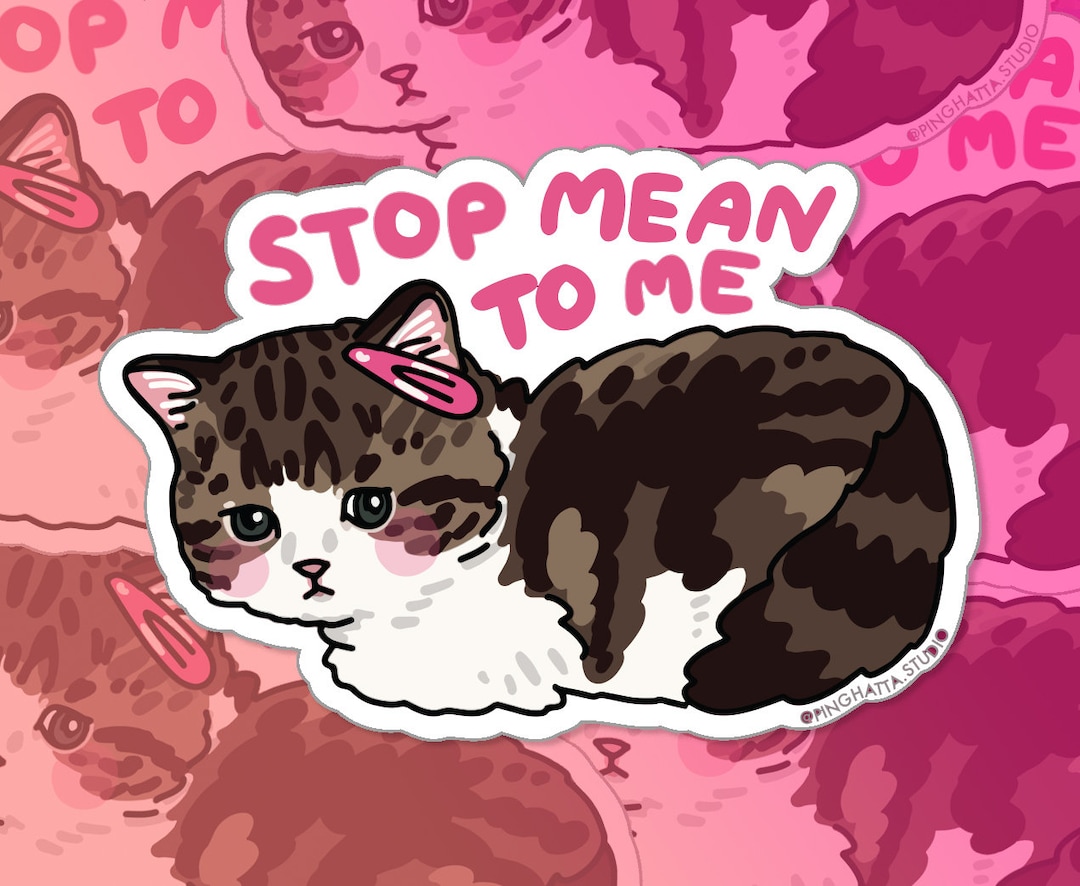 Stop Mean to Me Kawaii Pink Crying Cat Die Cut Sticker – Cat Meme Water ...