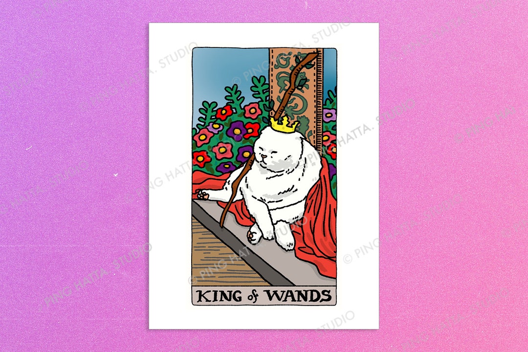 King of Wands Cat Meme Tarot Art Print Poster, White Cat Tarot Poster ...