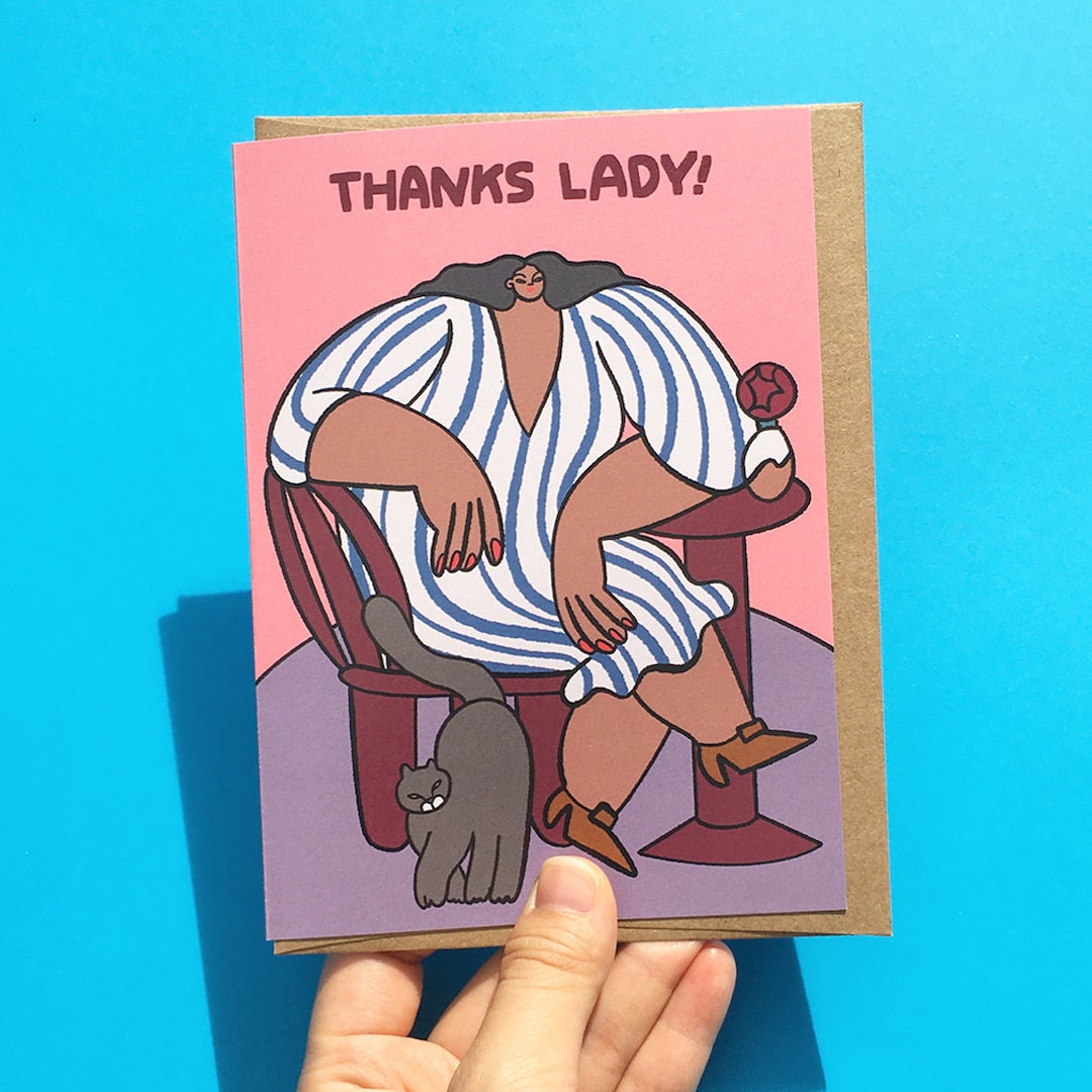 Thank Lady Thank You Minimalist Card, Woman Cat Coffee Thank Card ...