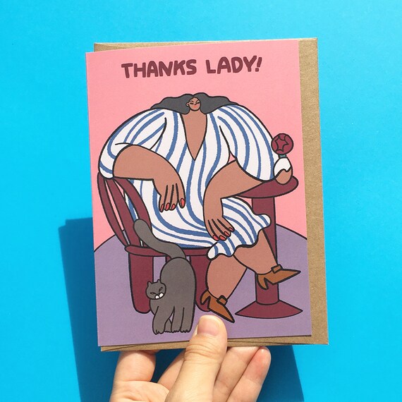 Thank Lady Thank You Minimalist Card Woman Cat Coffee Thank - Etsy