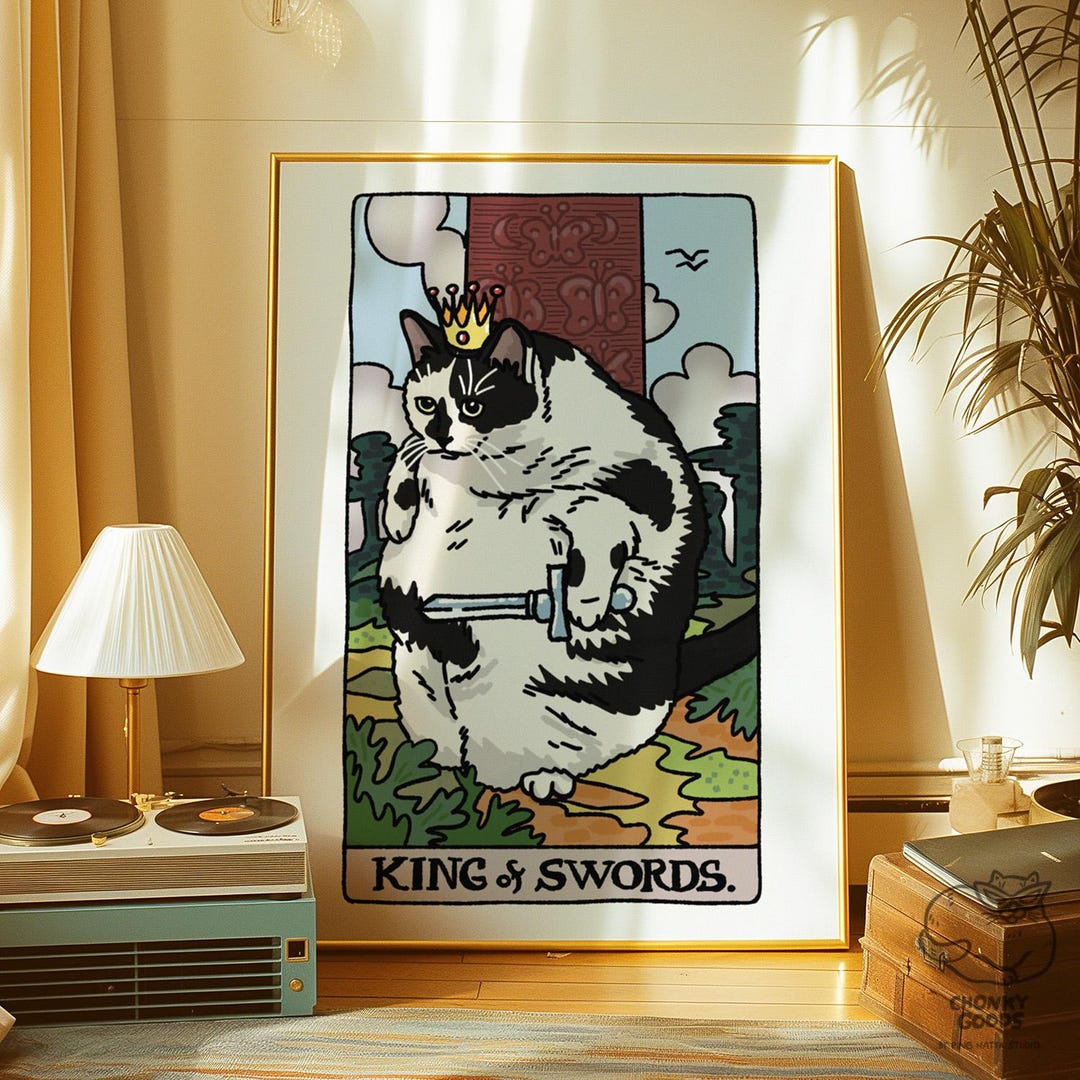 King of Swords Cat Meme Tarot Art Print Poster, Chonky Cow Cat Tarot ...