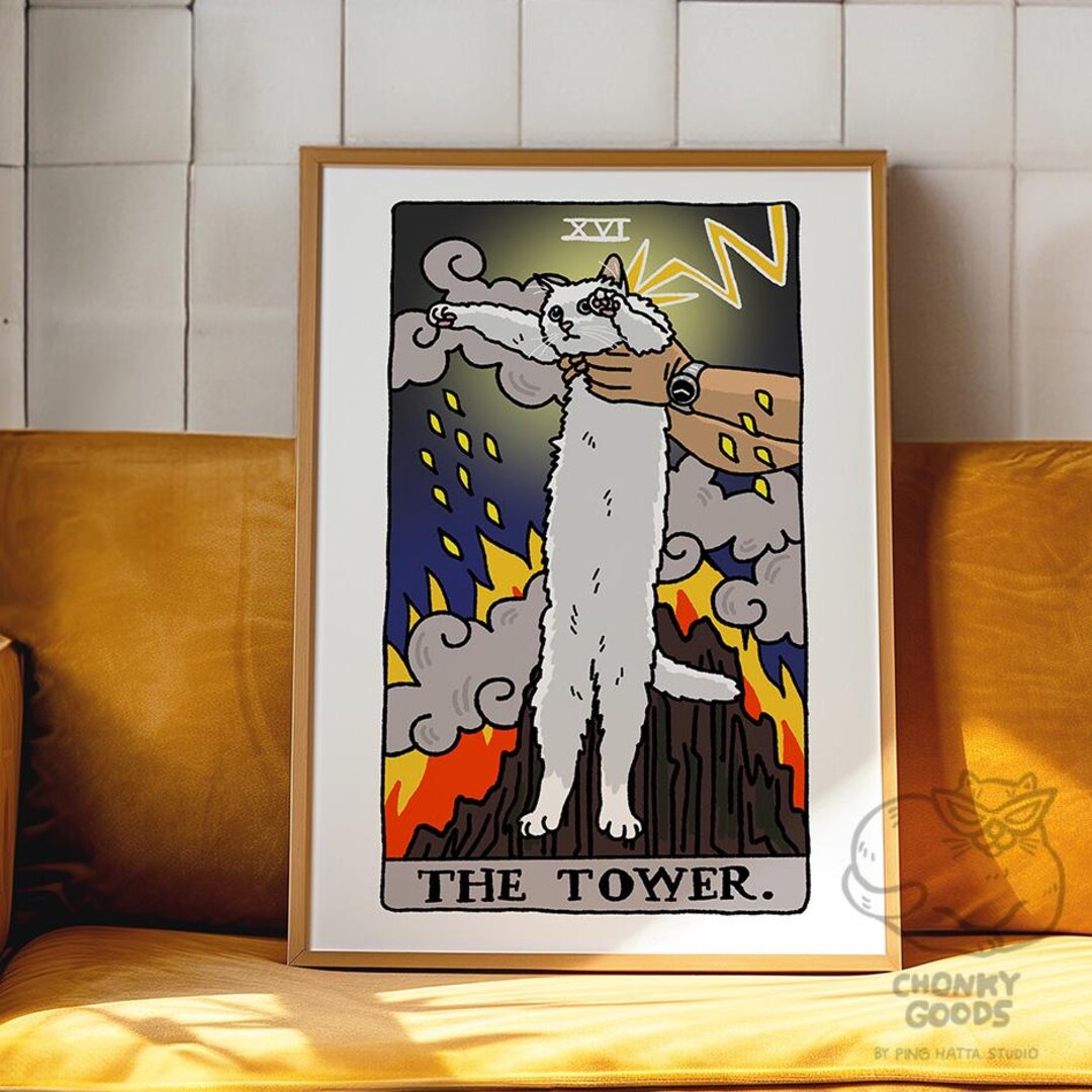 The Tower Long Cat Meme Tarot Art Print Poster, Sad Cat Meme, White ...