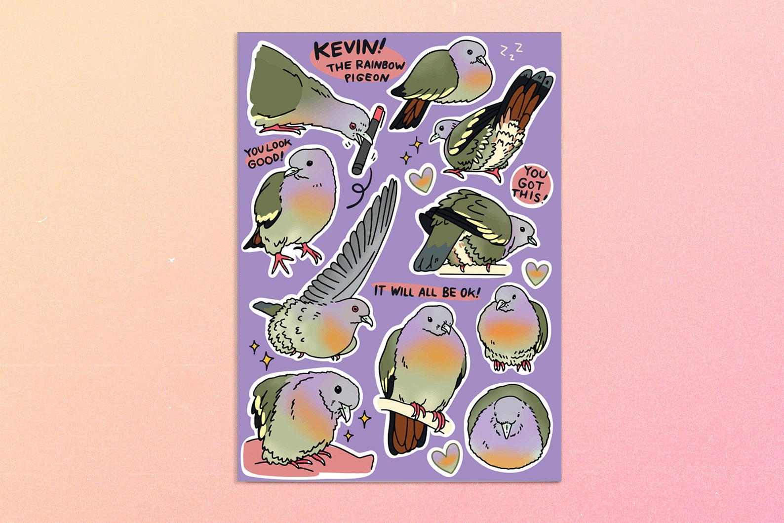 Kevin the Rainbow Pigeon Sticker Sheet Green Parrot Sticker | Etsy