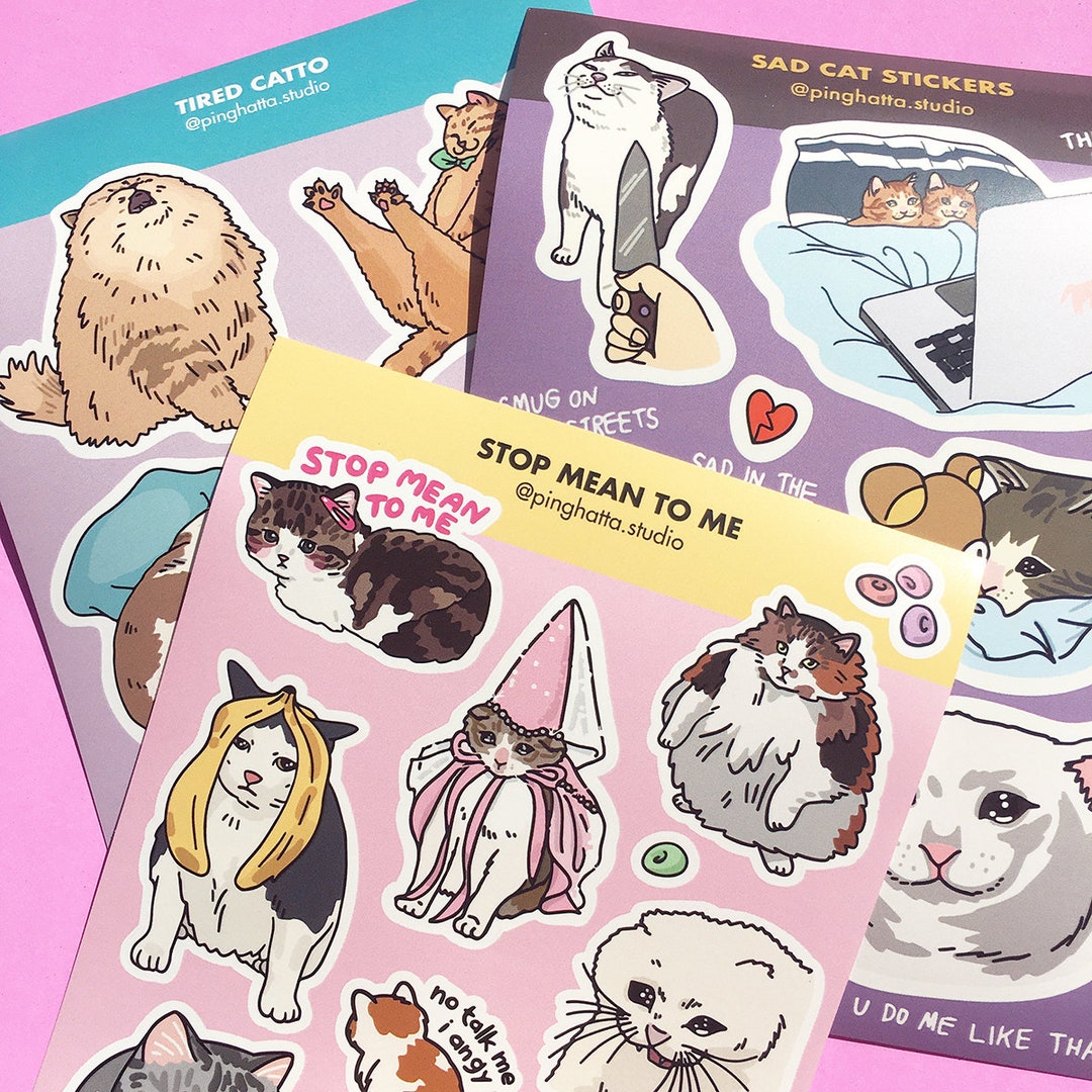 3 Sad Tired Mean Cat Meme Sticker Bundle – Meme Sticker, Funny Meme ...
