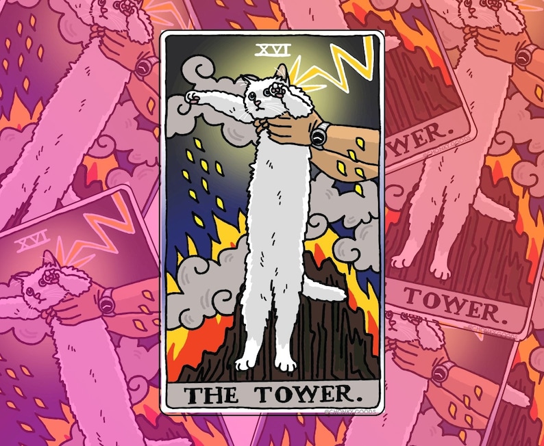 Tarot Cat the Tower Long White Cat Meme Sticker – Cat Meme Sticker, Sad ...