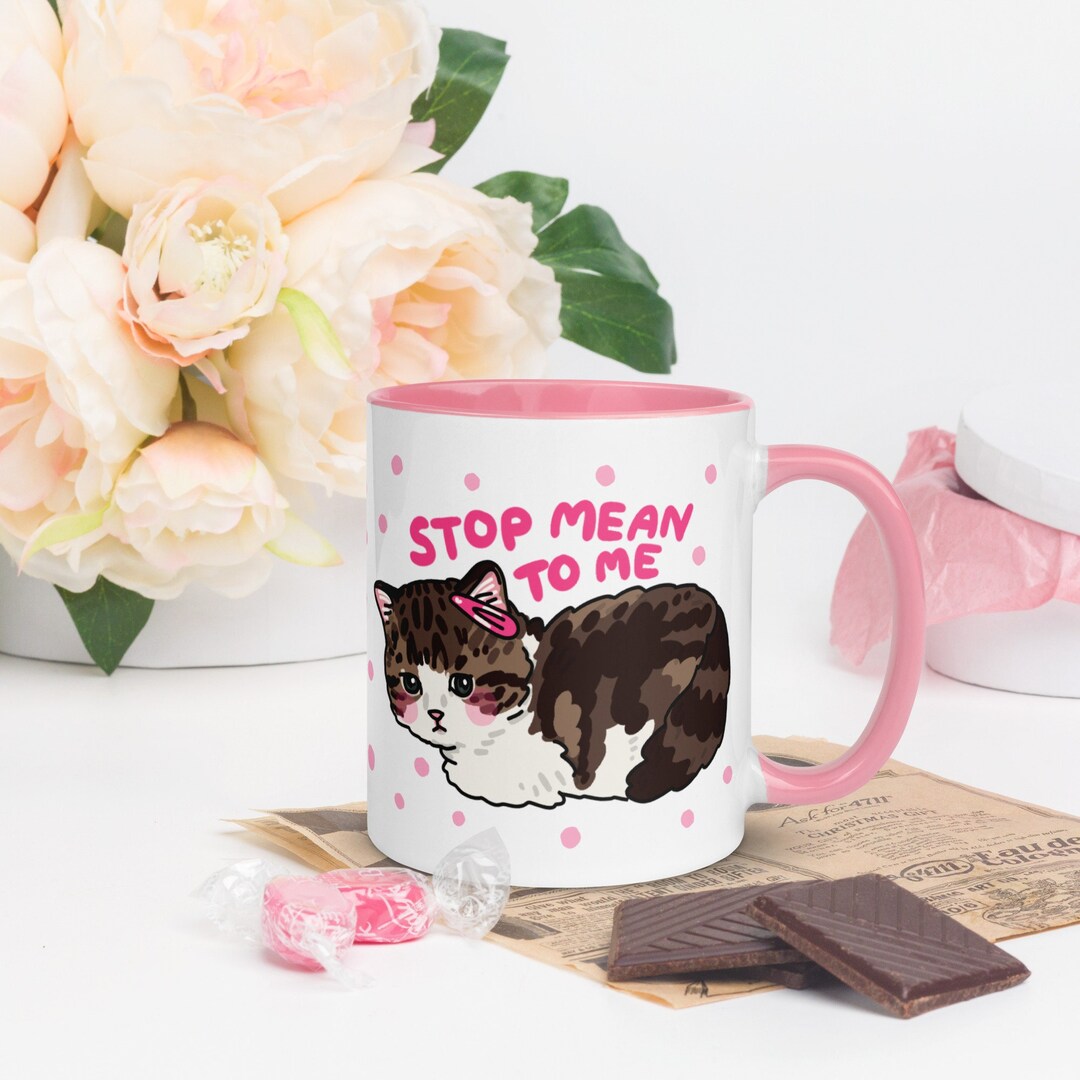 The Original Stop Mean to Me Pink Cat Mug - Sad Cat Meme, Cursed Cat ...