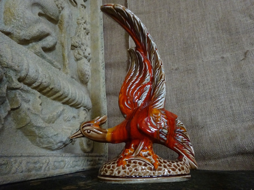 Flame Coloured Glaze Ceramic Sculpture of a Phoenix Bird Rising From ...