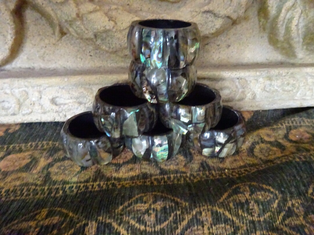 Seven Abalone Shell Napkin Rings Stamped Fiordland Paua Shell NZ New ...