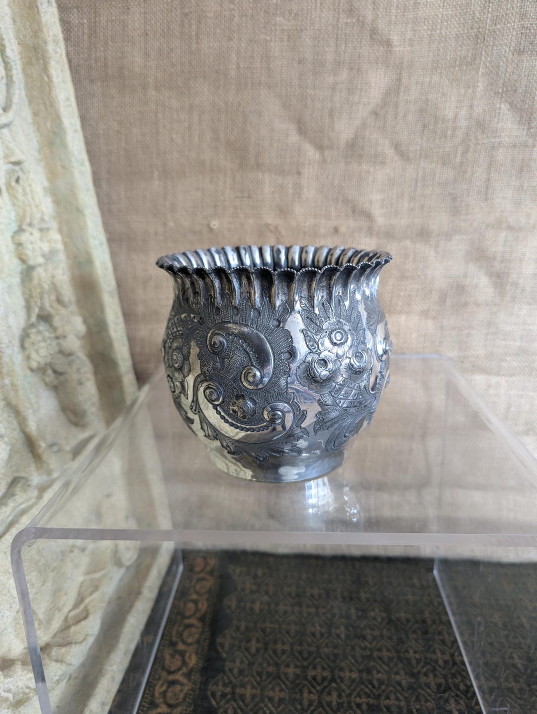 1950 Siam Niello Solid Silver Vase: Hand-chased Thai Repoussé ...