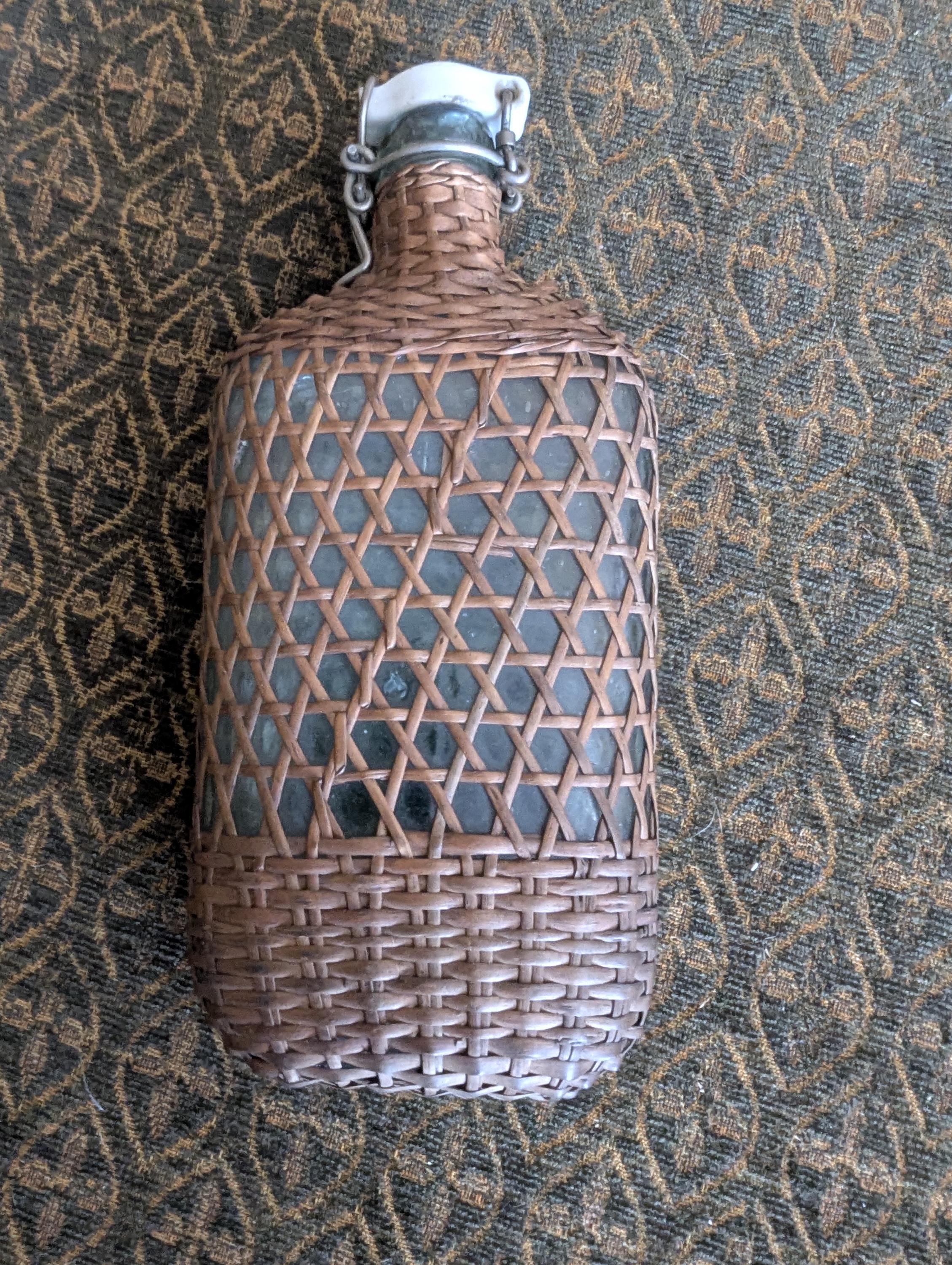 Antique Rattan / Wicker Glass Hip Flask With Ceramic Snap Click Top - Etsy