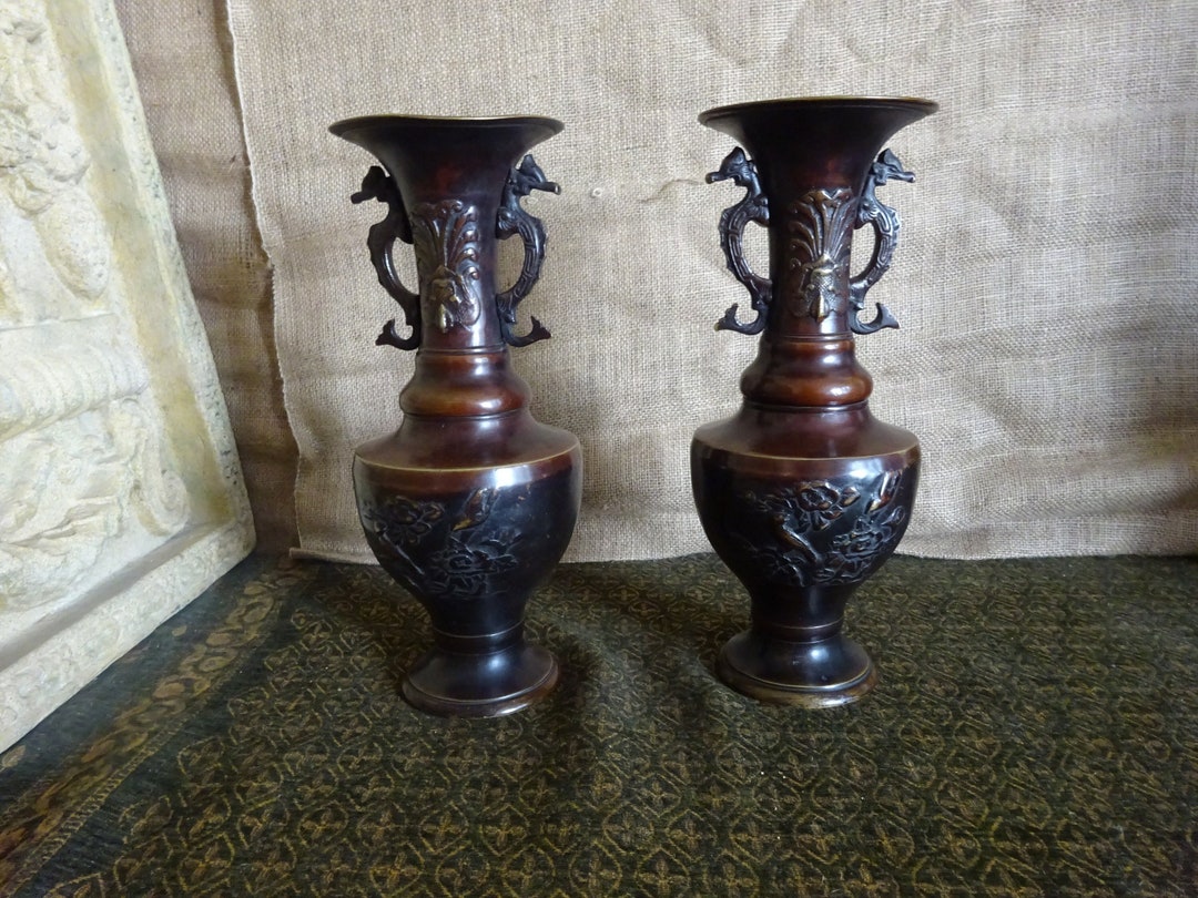 Pair of Bronze Meiji Period Japanese Vases With Bird Cartouches and ...