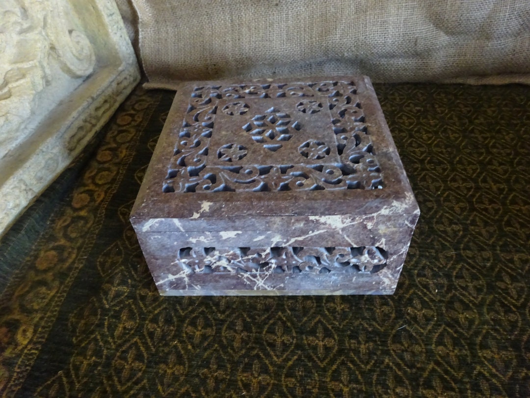 Large Vintage Hand Carved Lattice Stone Hinged Box - Etsy