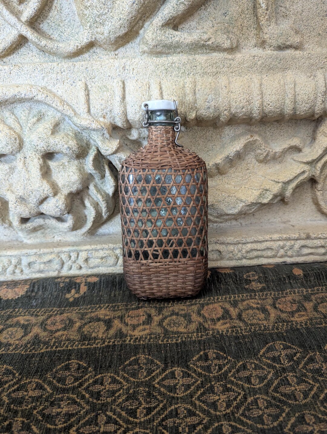 Antique Rattan / Wicker Glass Hip Flask With Ceramic Snap Click Top - Etsy
