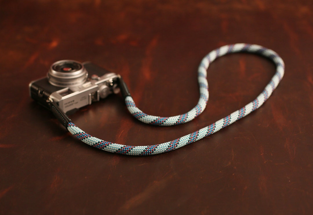 Blue Pattern Climbing Rope Camera Strap: Black Leather Handmade Neck ...