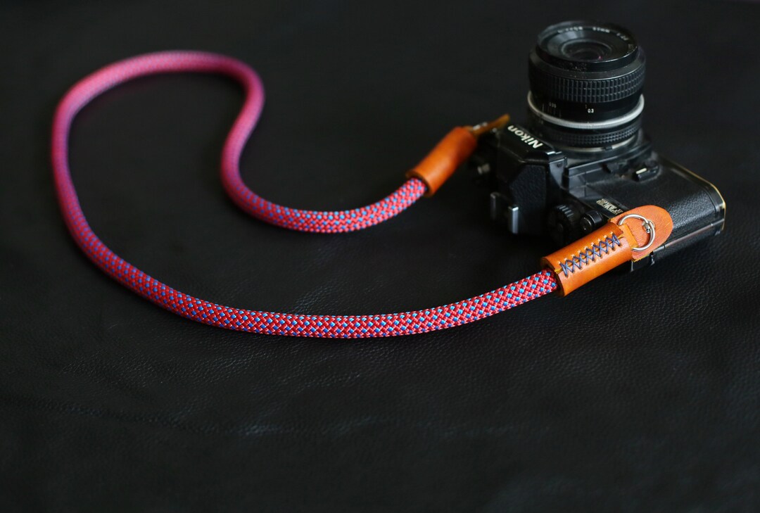 Handmade Climbing Rope Camera Strap: Red Blue Spot, Brown Leather - Etsy