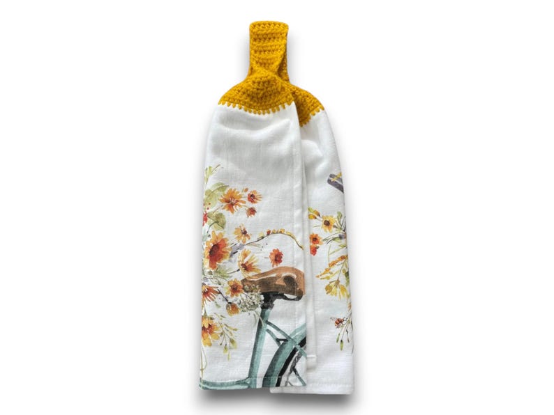 Sunflower Bicycle Hanging Kitchen Towel With Crochet Top, Double Layer ...