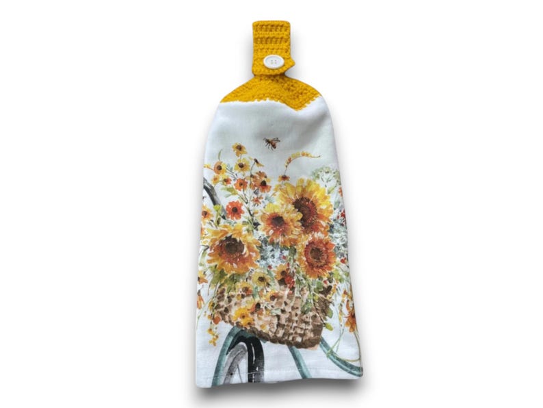 Sunflower Bicycle Hanging Kitchen Towel With Crochet Top, Double Layer ...