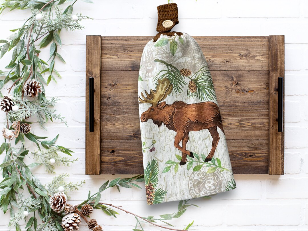 Moose Hanging Kitchen Hand Towel With Crochet Top, Rustic Cabin Decor ...