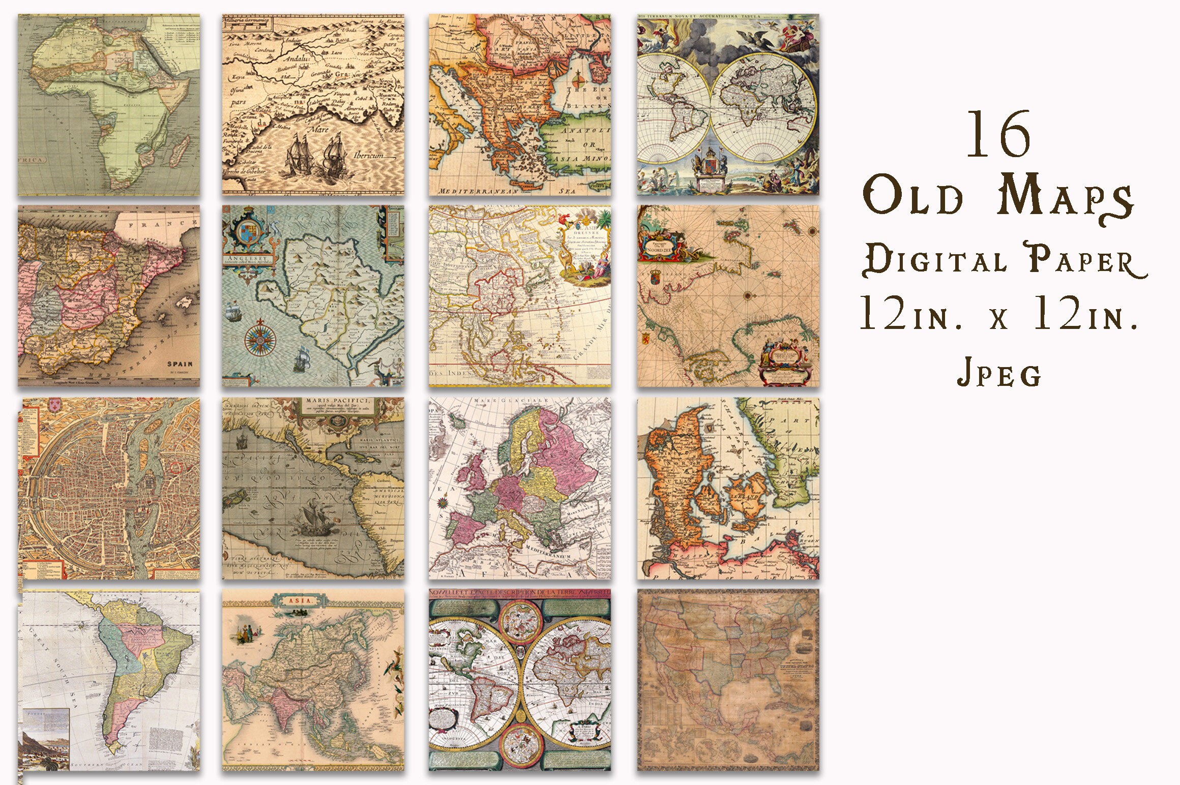 Old Maps Digital Paper Graphics. 16 Digital Old Maps Prints. Junk ...