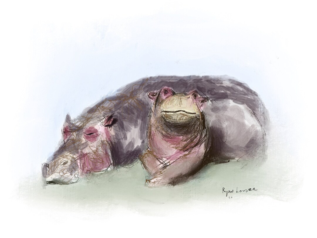 Painting Two Hippos - Cute Wall Art - Hippo Picture by London Artist - Etsy