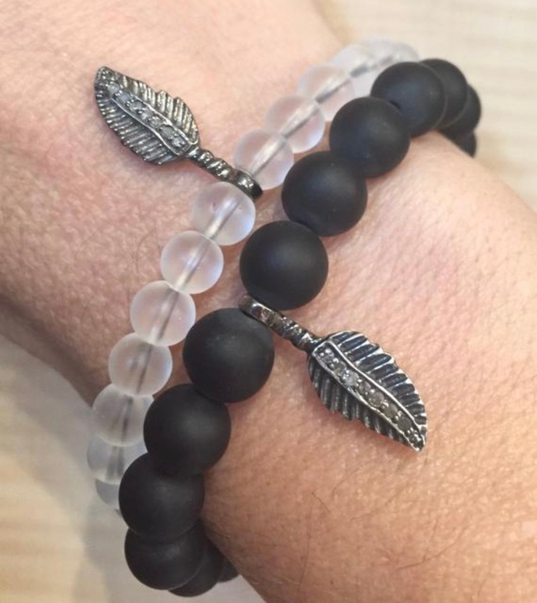 You Choose Diamond & Onyx Bracelet, Pave Diamond Feather Bracelet ...